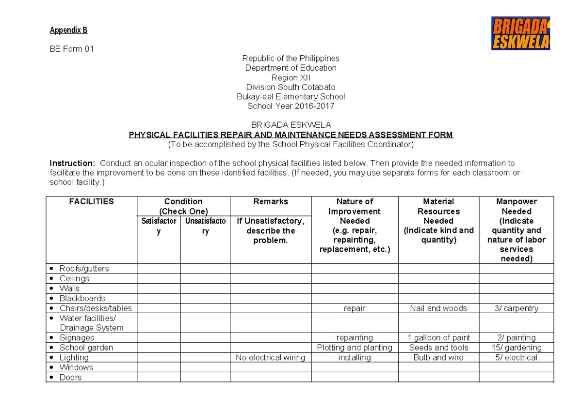 Appendix B: BE Form 01 - Brigada Eskwela Facilities Assessment Form ...