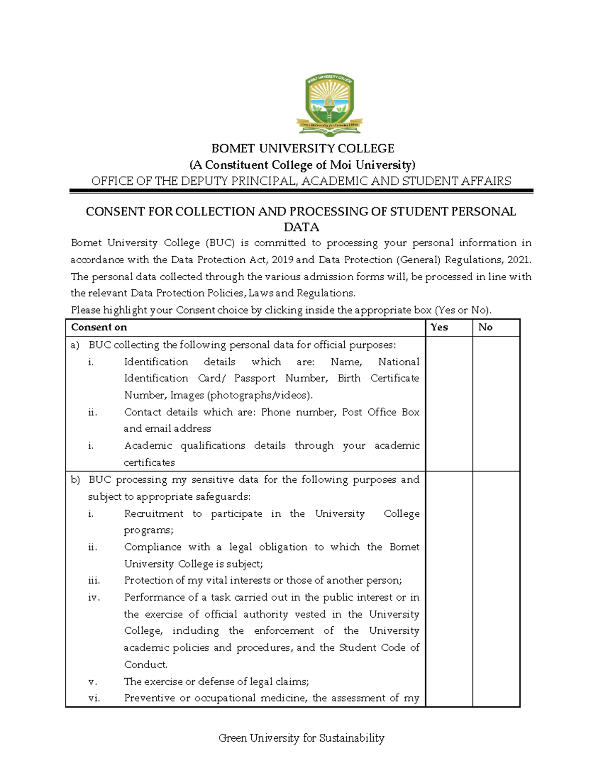 BOMET UNIVERSITY COLLEGE (BUC) Consent Form for Data Processing - Studocu