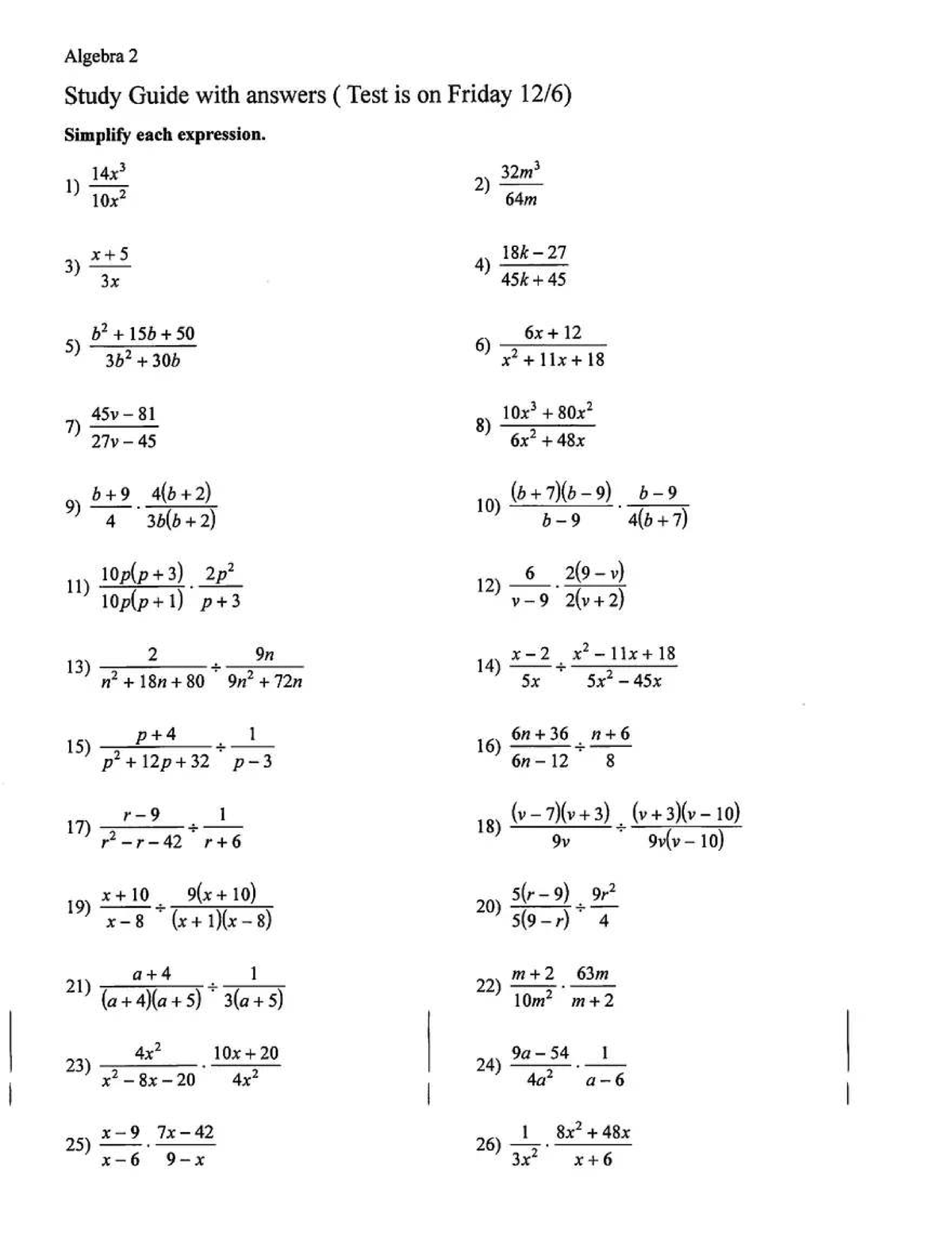 Algebra II Study Guide (Test on 12/6) - Problem Solutions - Studocu