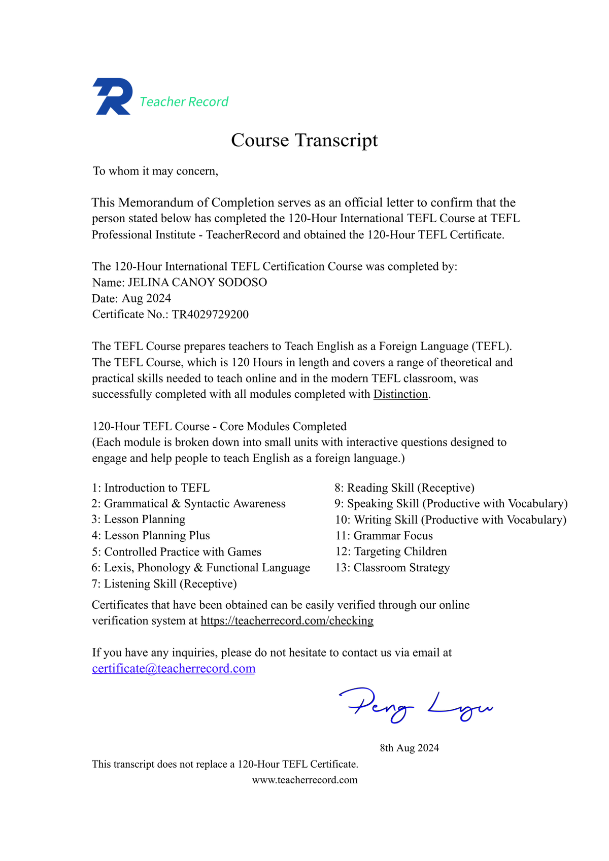 TEFL Course Transcript for JELINA CANOY SODOSO - Certificate No ...