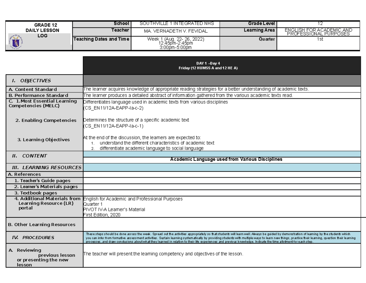 DLL EAPP Week 1 - Sample Lesson on Academic Texts and Language - Studocu