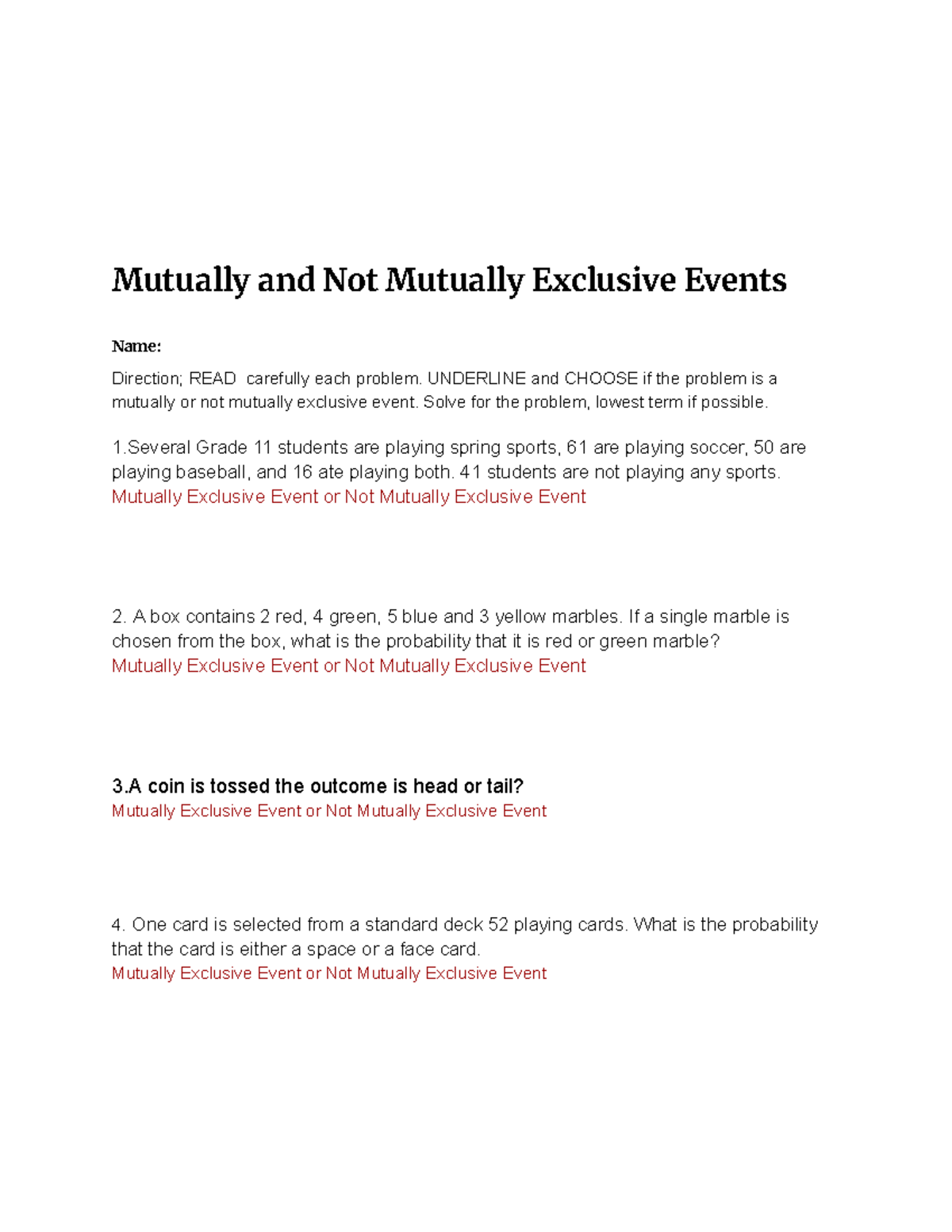 Mathematics Quiz: Mutually vs. Not Mutually Exclusive Events - Studocu