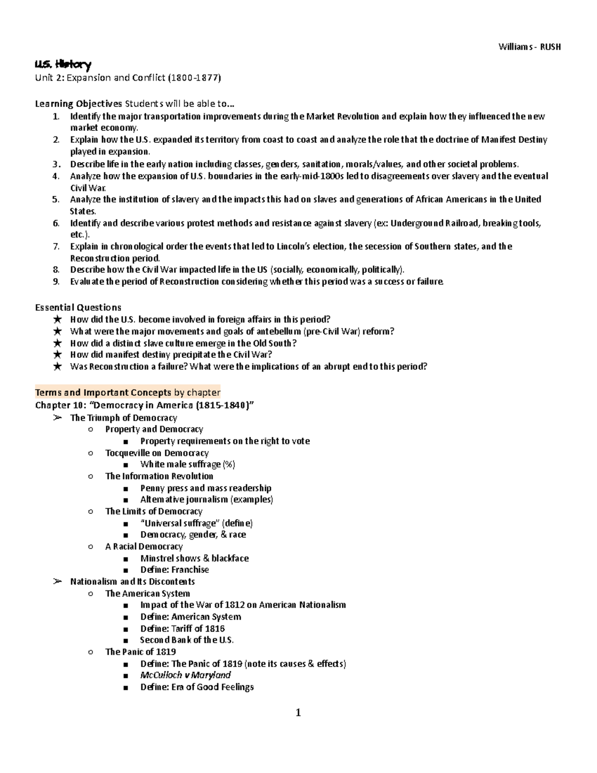 Unit 2 Study Guide: U.S. Expansion & Civil War (1800-1877) - Studocu