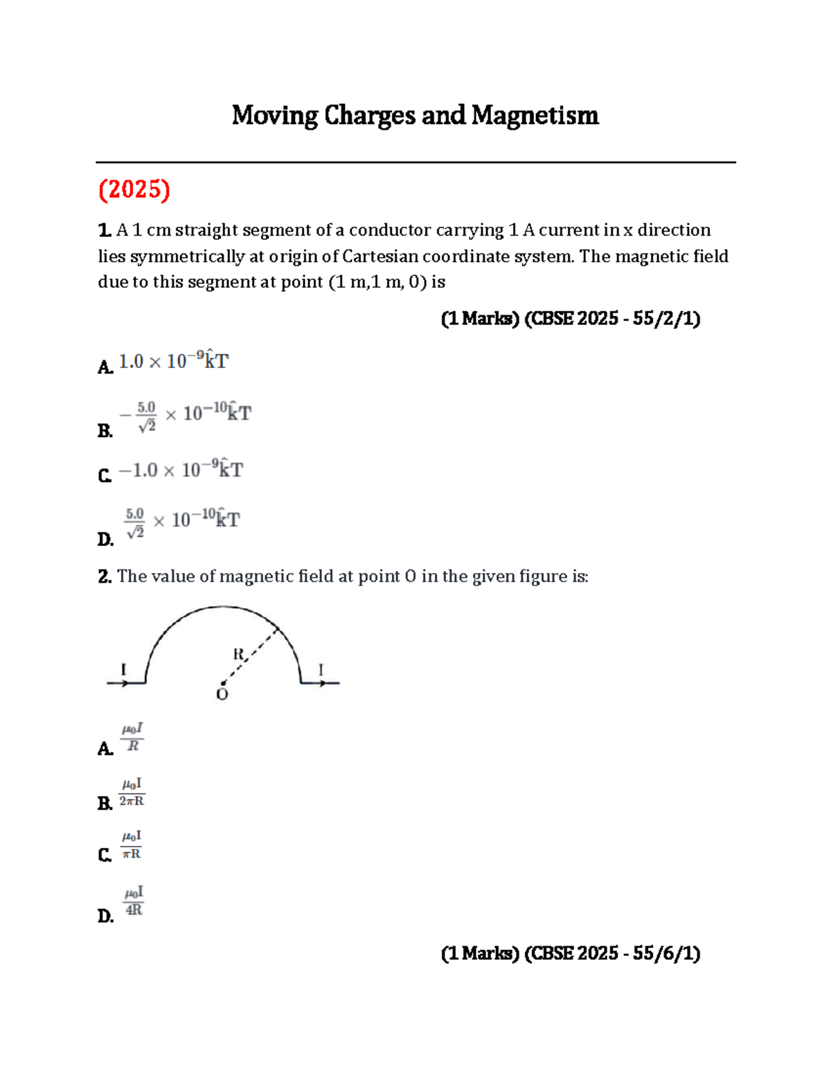 Moving Charges and Magnetism - CBSE 2025 Exam Notes - Studocu