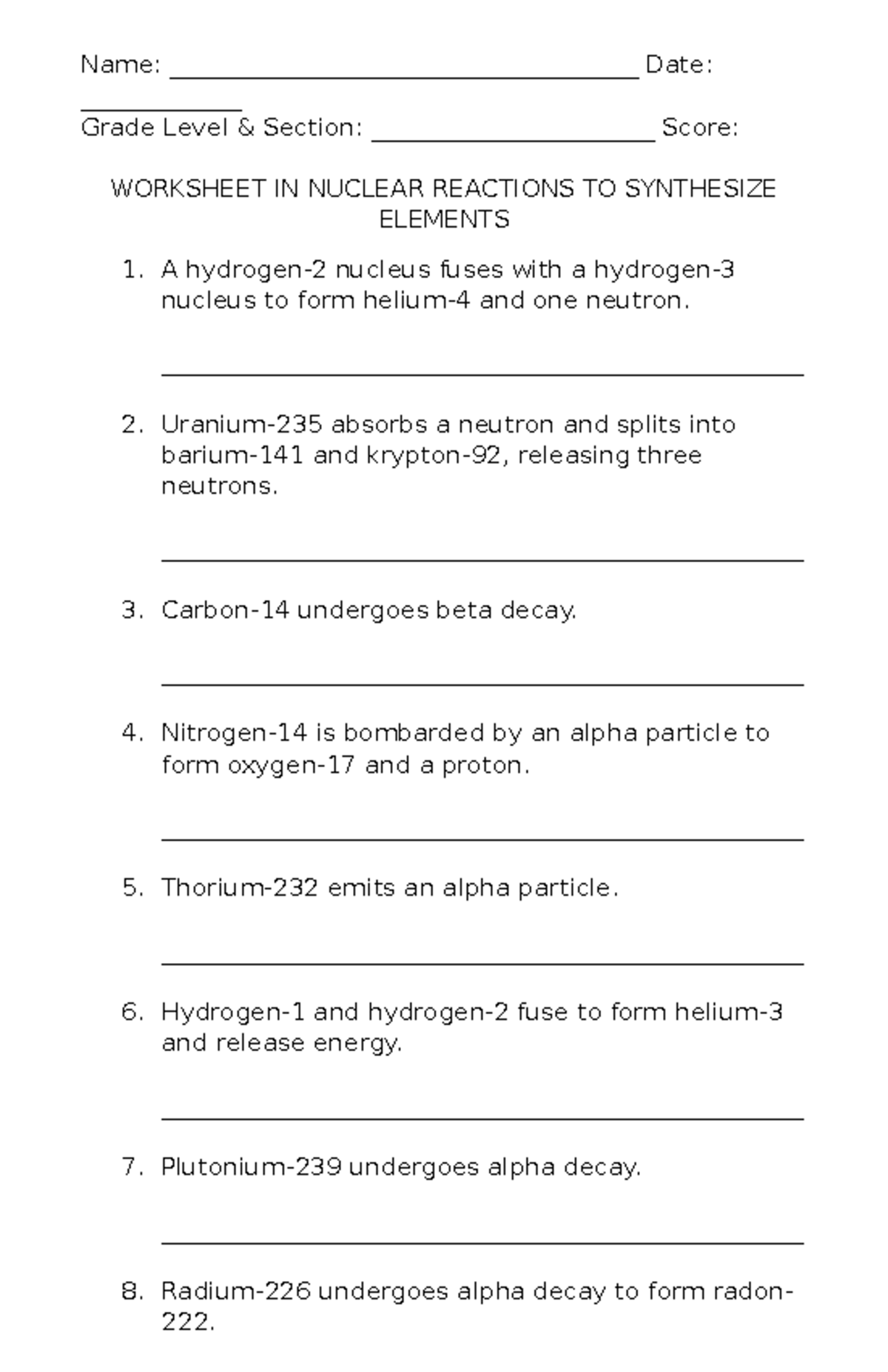 Nuclear Reactions Worksheet: Synthesis of Elements - Studocu