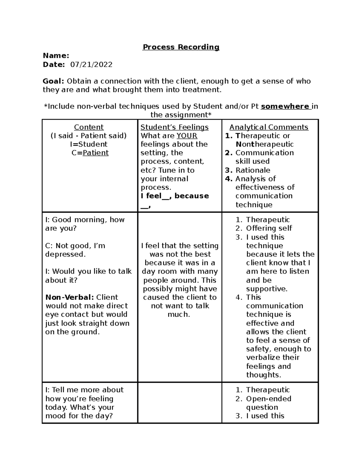 256 Process Recording - clinical - Process Recording Name: Date: 07/21 ...