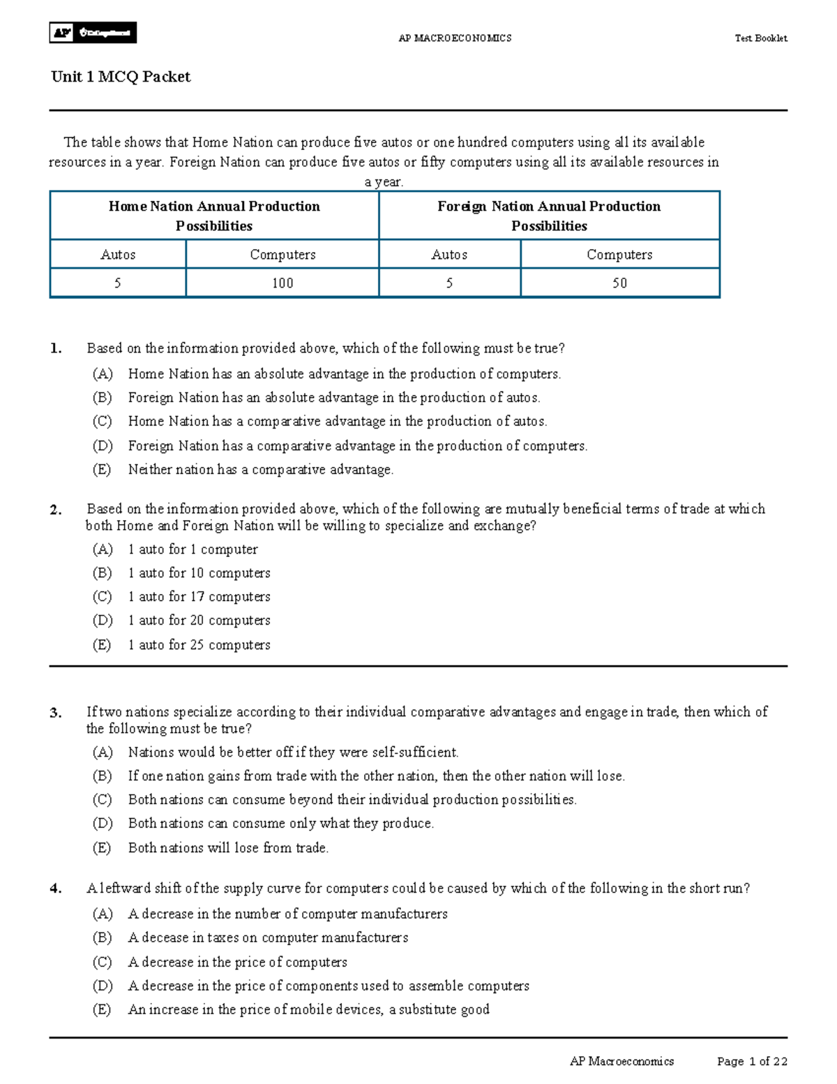 AP Macroeconomics Unit 1 Test Booklet MCQ Packet - Studocu