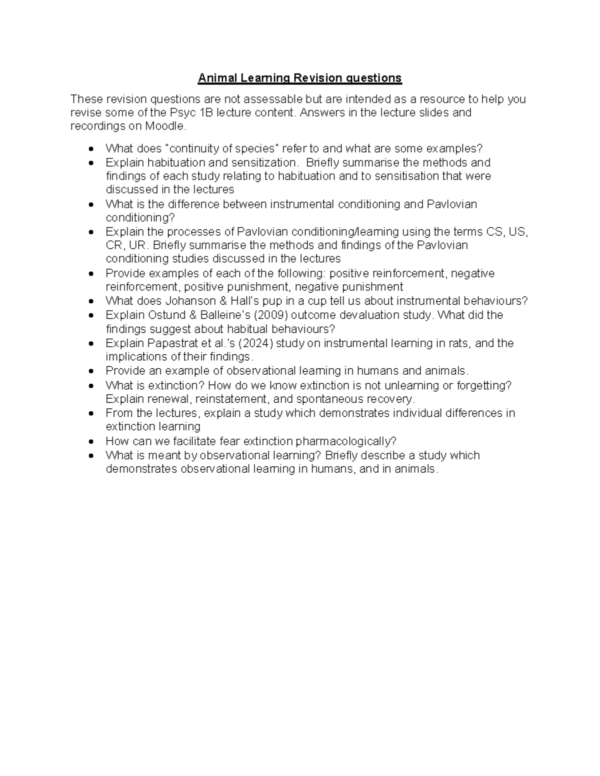 Psyc 1B Animal Learning Revision Questions & Key Concepts - Studocu