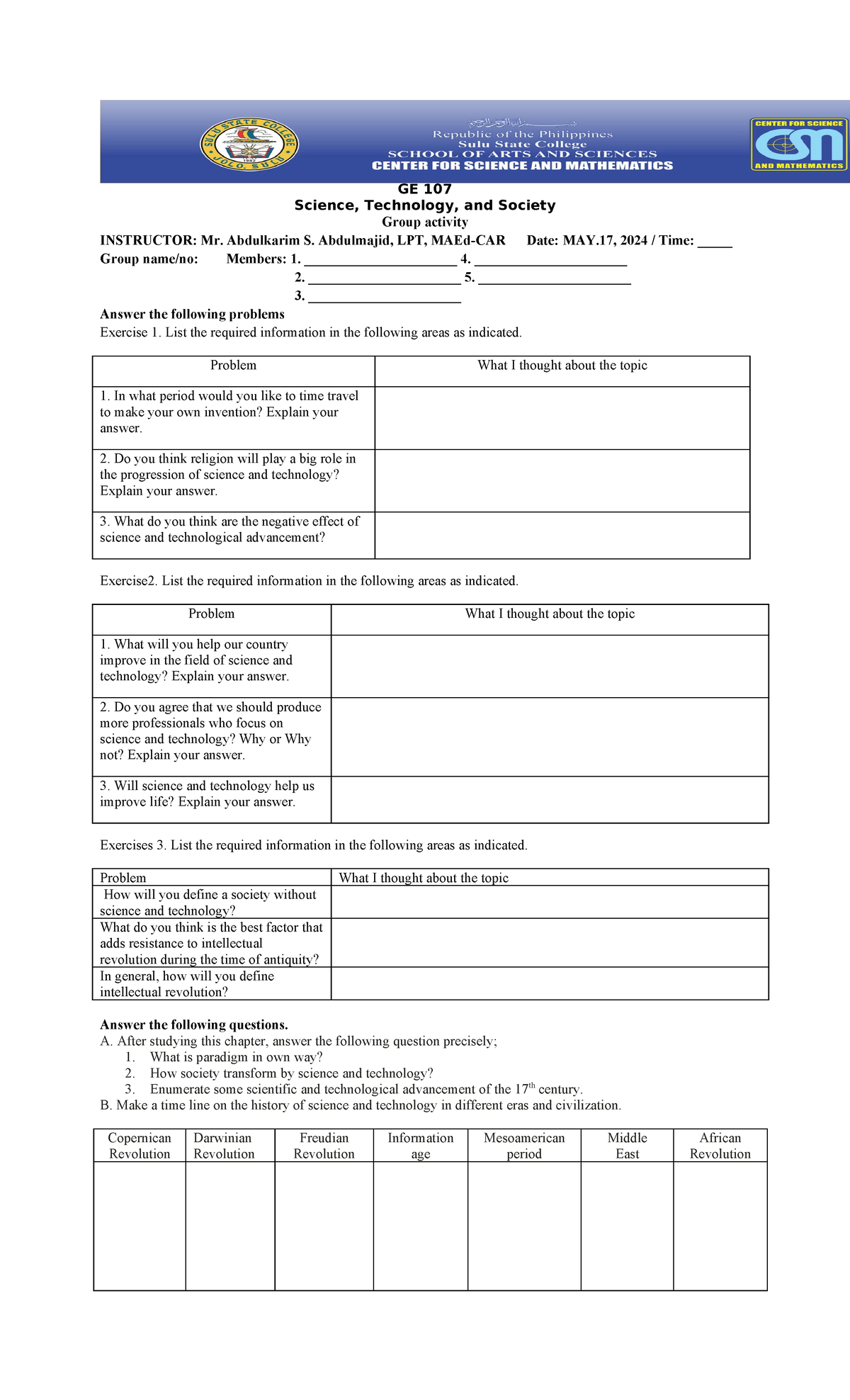 GE 107: Group Activity on Science, Technology, and Society Discussions ...