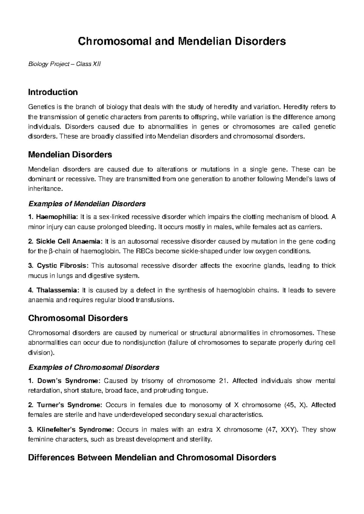Chromosomal & Mendelian Disorders Project - Class XII Biology - Studocu