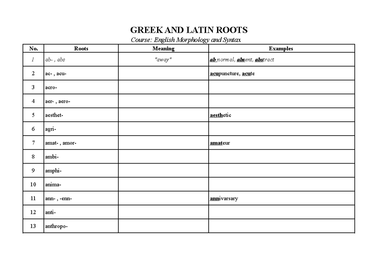 Greek and Latin roots - good - GREEK AND LATIN ROOTS Course: English ...