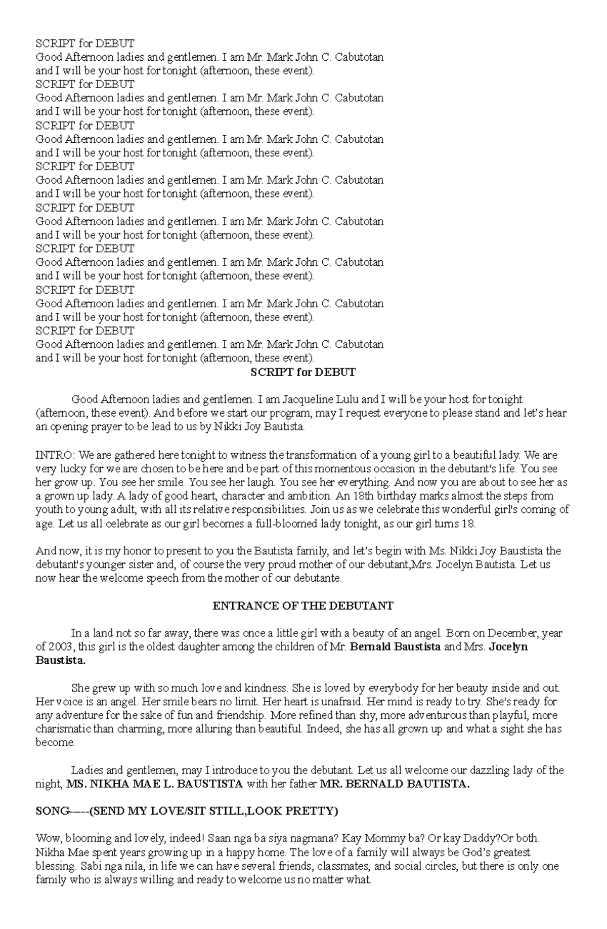 Debut Script for Mae - A Memorable Celebration of Turning 18 - Studocu