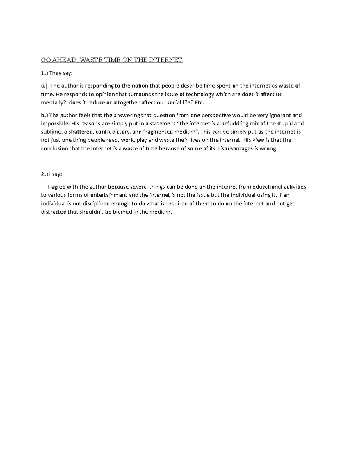 Hw 1: "They Say, I Say" Essay - Perspectives on Internet Use - Studocu