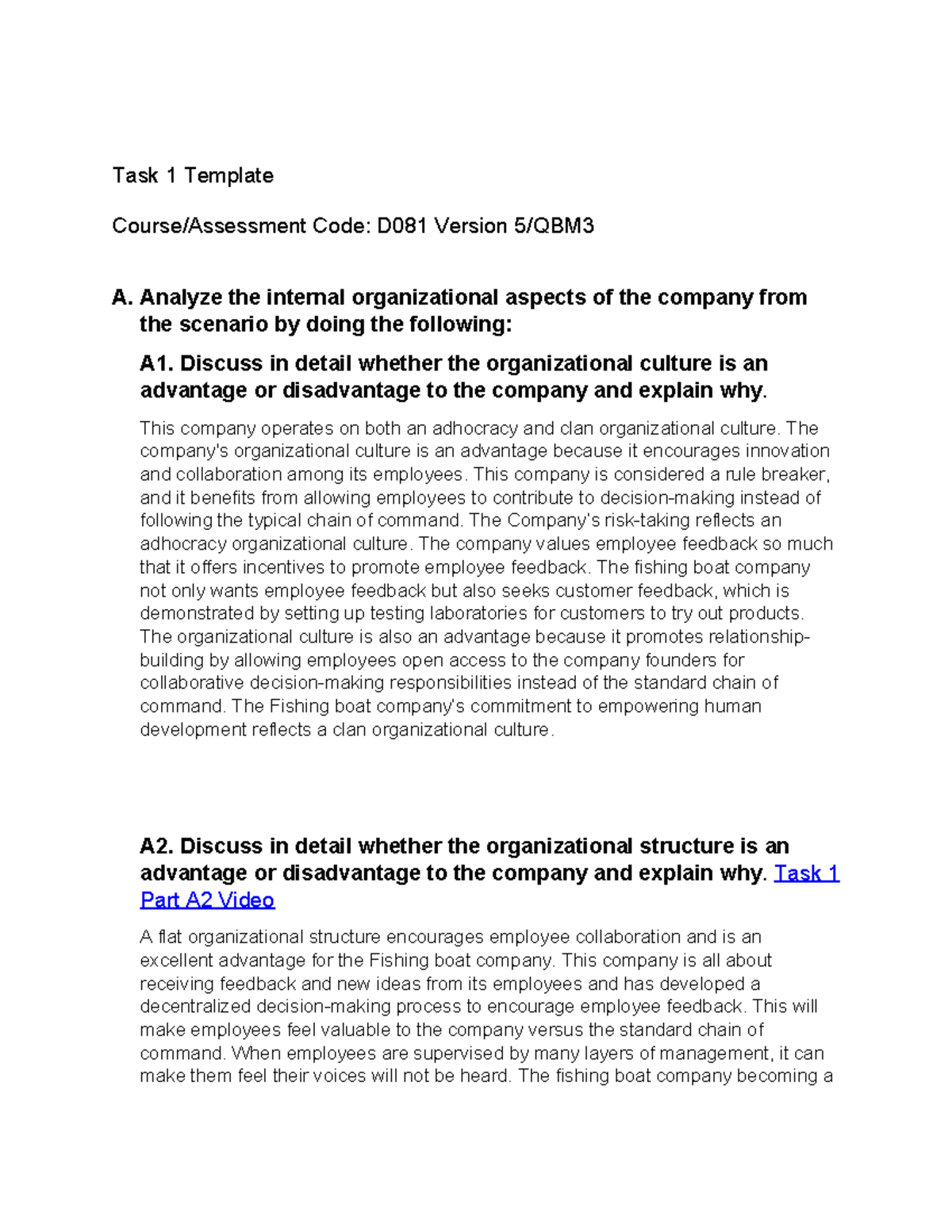 D081 V5-QBM3 Task 1: Analyzing Organizational Culture & Structure - Studocu