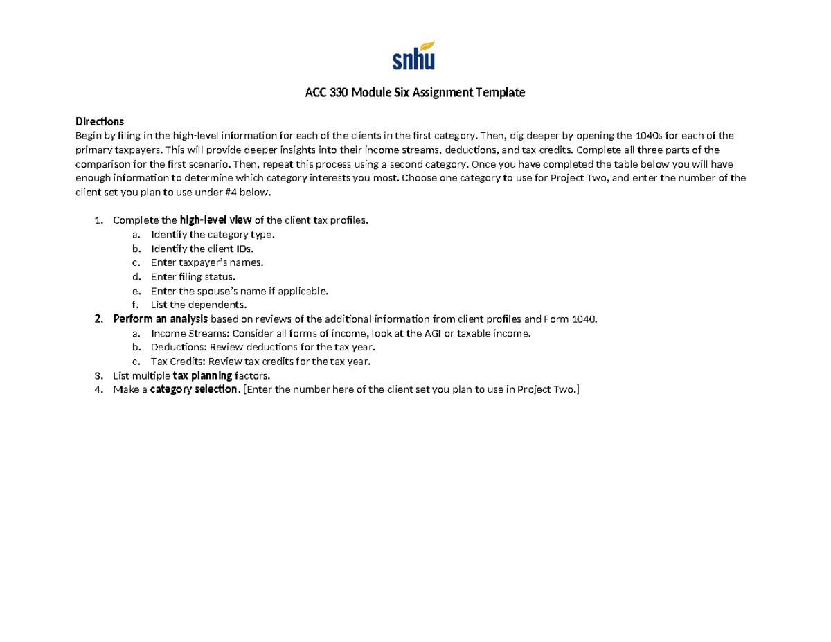 ACC 330 Module Six Assignment - Then, dig deeper by opening the 1040s ...