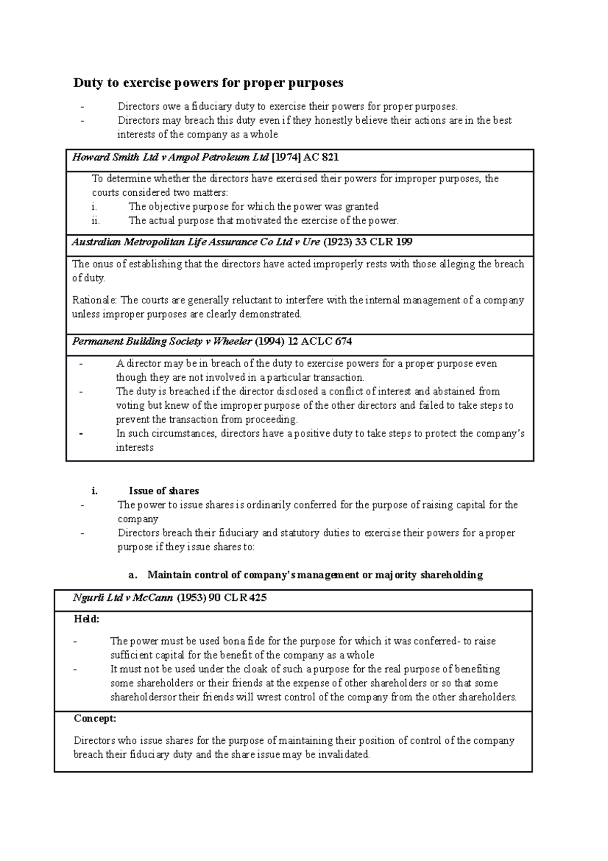 Duty of Directors: Exercise of Powers for Proper Purposes in ...