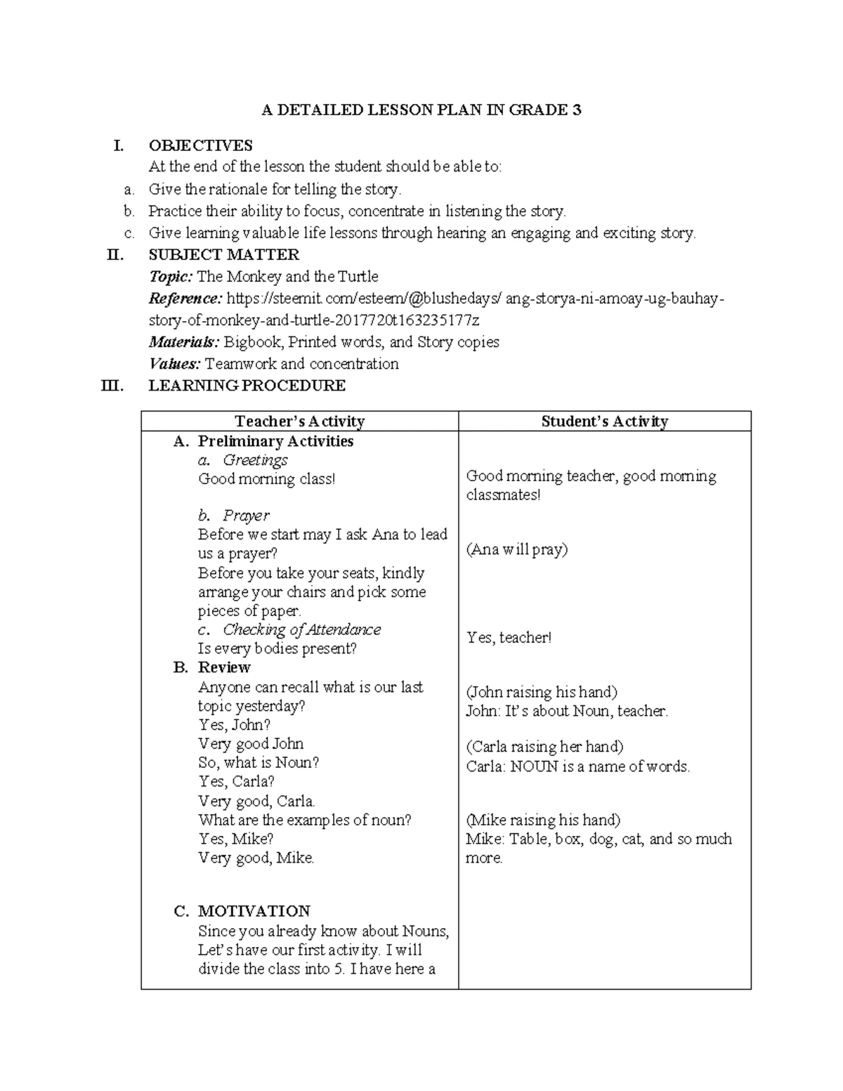 A Detailed Lesson Plan on Nouns for Grade 1 Students - Studocu