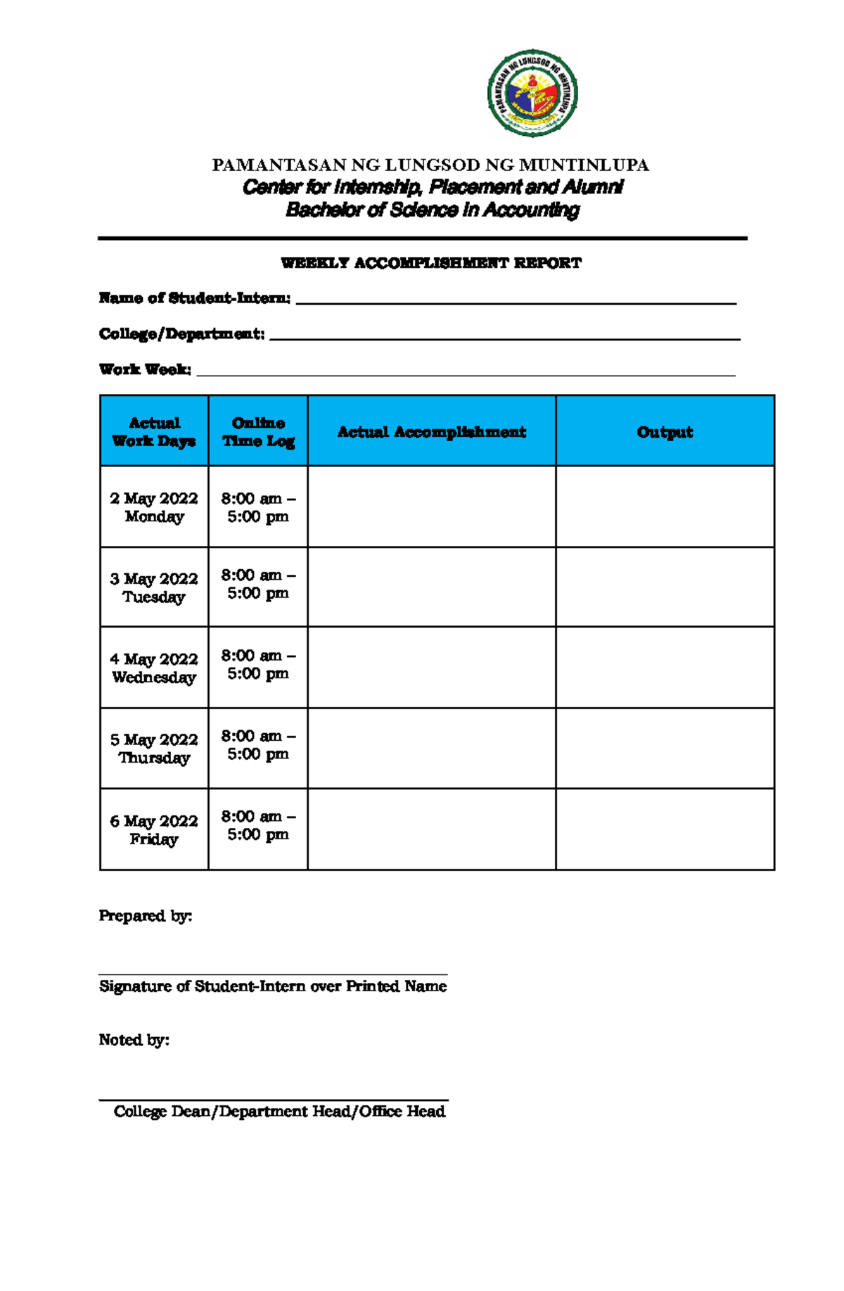 BSA Weekly-Accomplishment-Report- Template - PAMANTASAN NG LUNGSOD NG ...