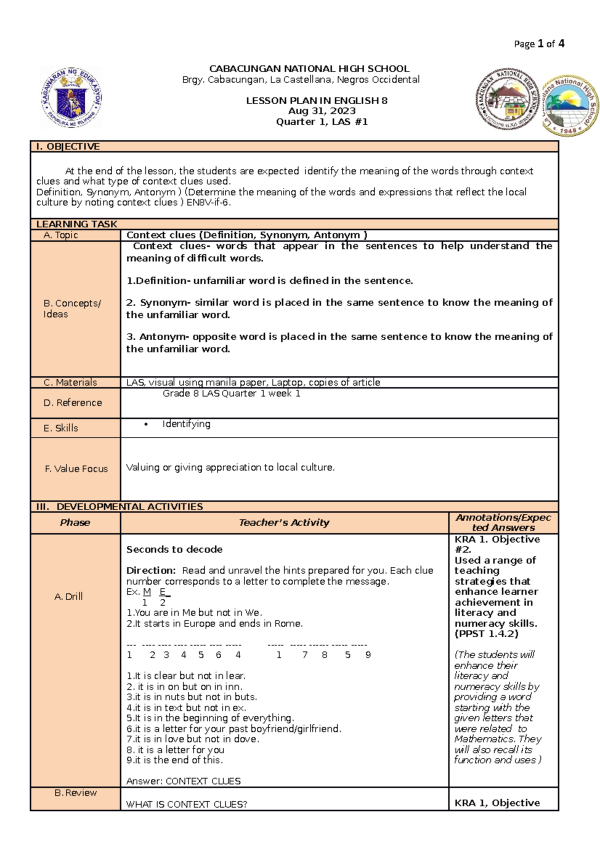 Grade 8 English Lesson Plan: Context Clues Overview & Activities - Studocu