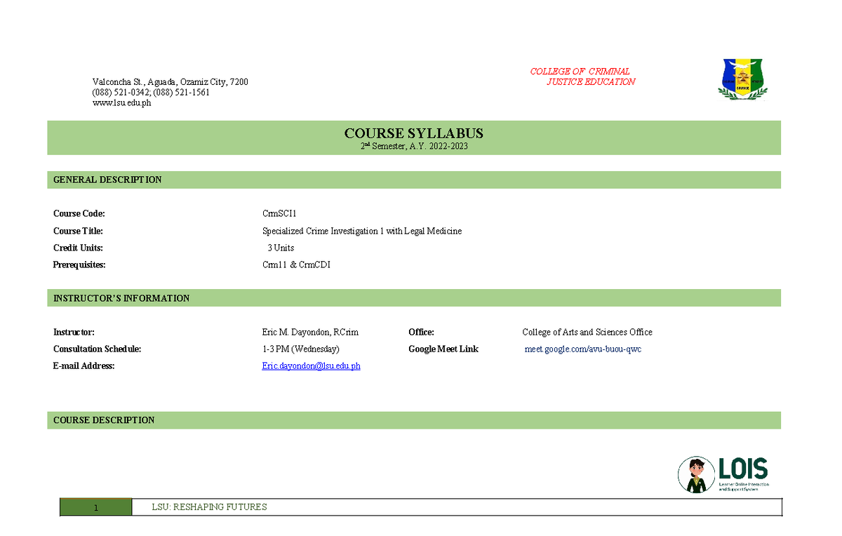 Crm Sci 1 Specialized Crime Investigation 1 Syllabus A.Y. 2022-2023 ...
