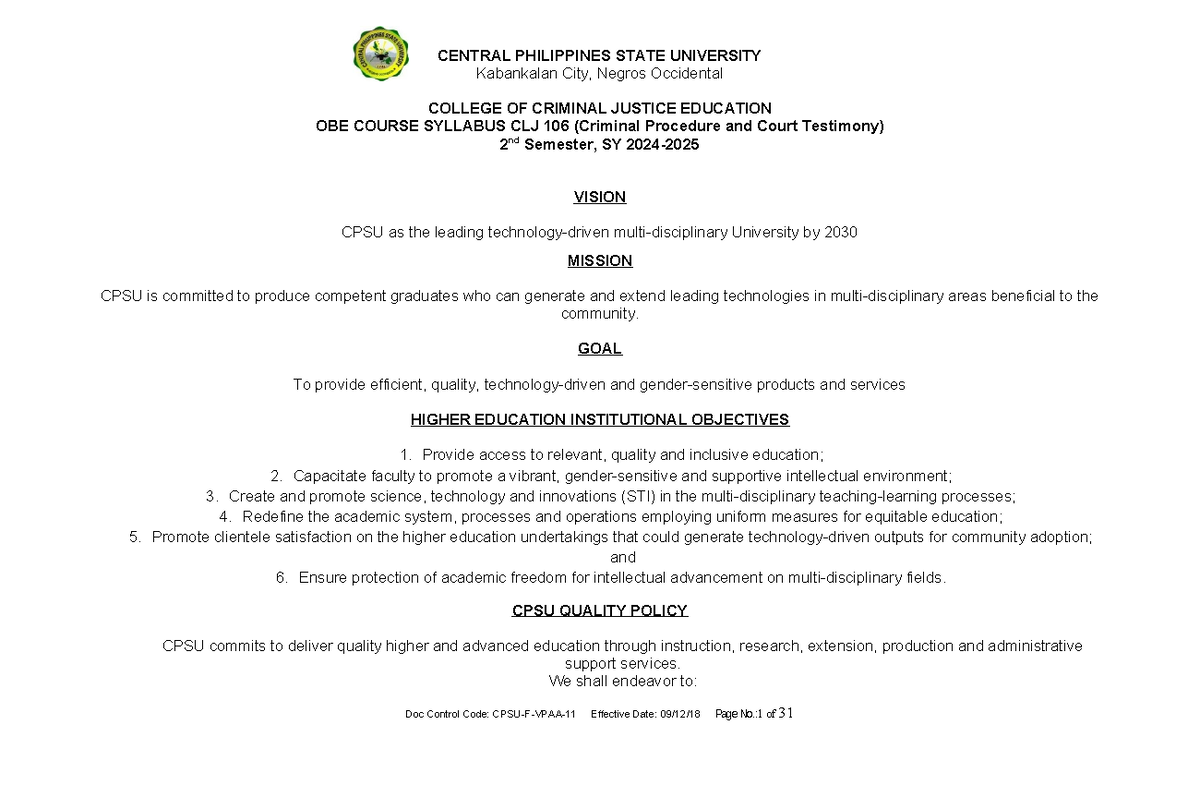 Syllabus for CLJ 106: Criminal Procedure and Court Testimony at CPSU ...