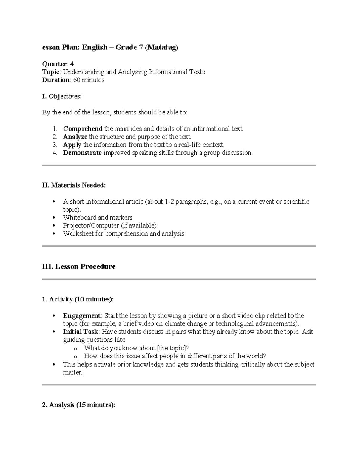 Lesson Plan: English Grade 7 (Matatag) Q4 - Analyzing & Evaluating Claims in - Studocu