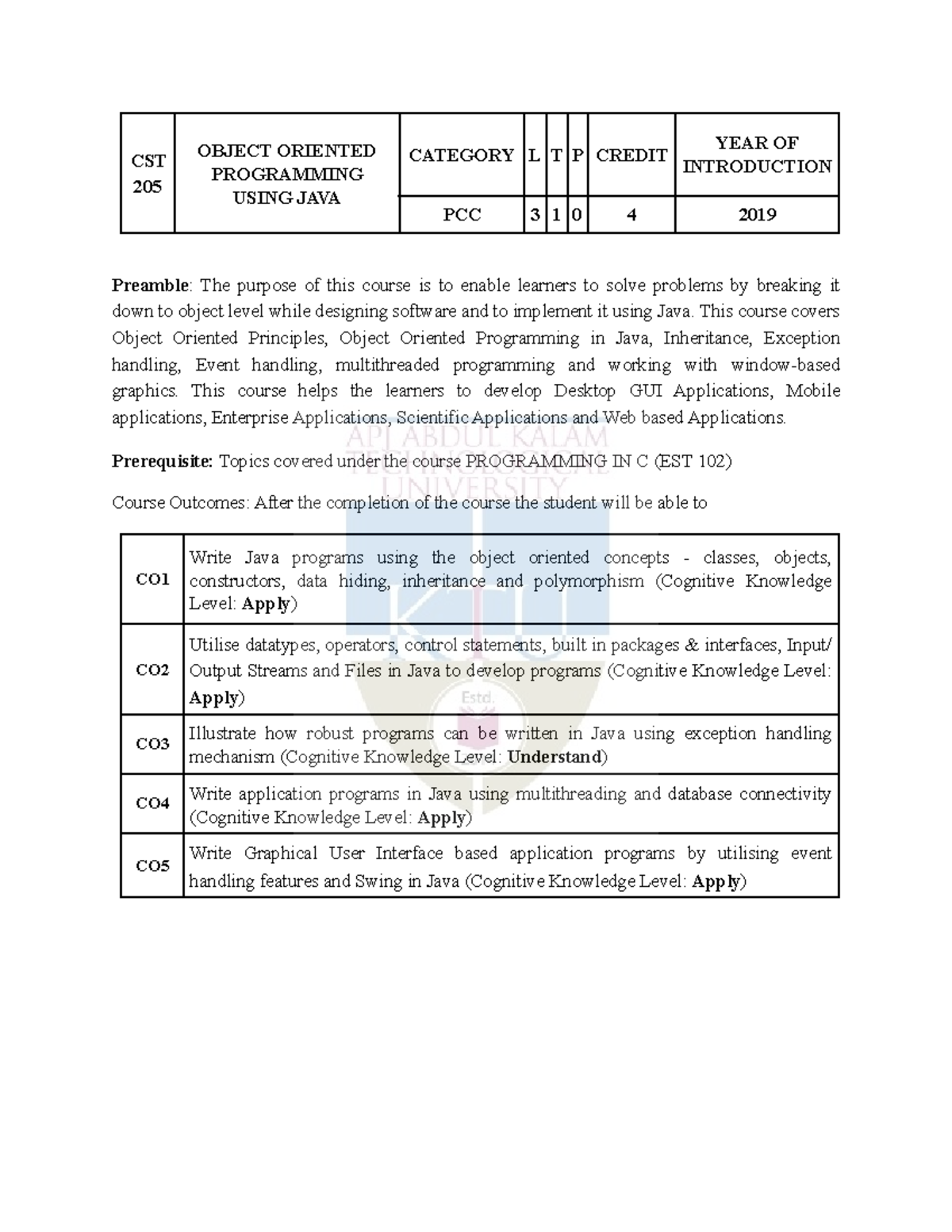 CST205 - Object Oriented Programming Using Java - Syllabus Overview ...