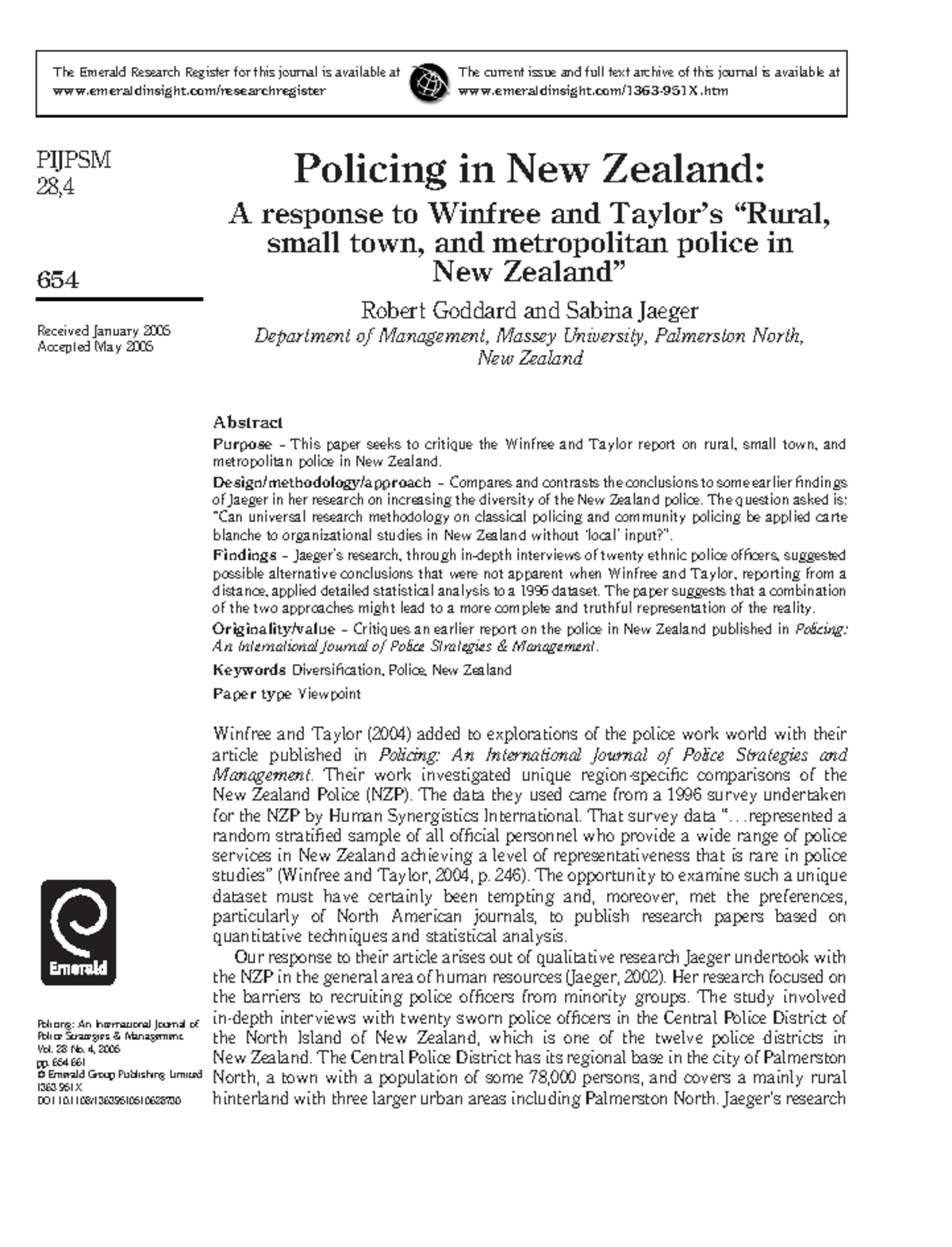 Policing in New Zealand: A Critical Analysis of Winfree & Taylor's ...