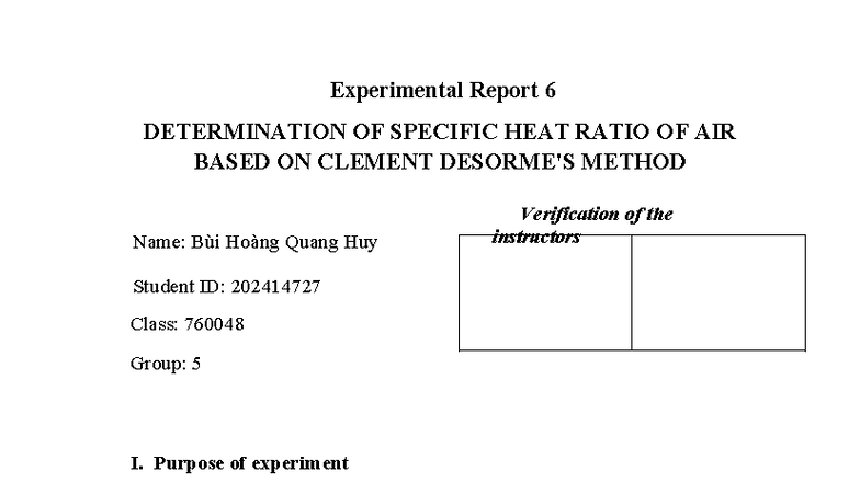 Lab Report 6: Determining Specific Heat Ratio of Air - Studocu