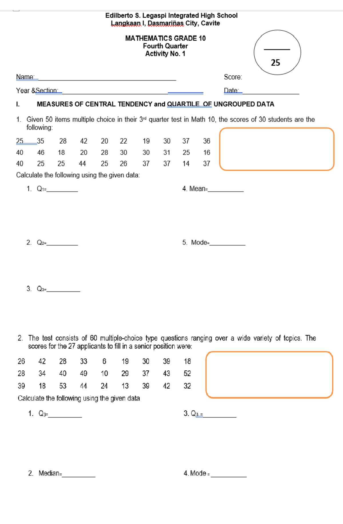 Central Tendencies & Quartiles (Activity No. 1 - Math 10 Q4) - Studocu