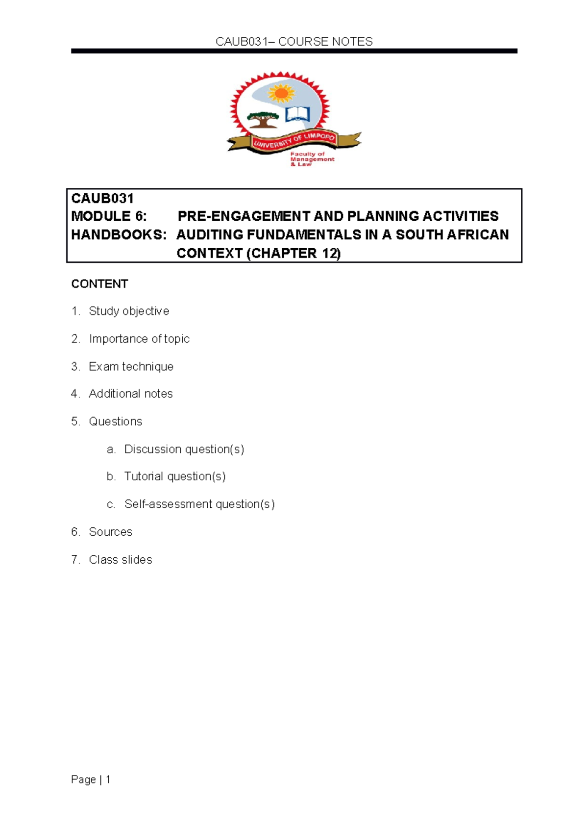 CAUB Module 6: Handbook for Pre-engagement & Planning Activities - Studocu