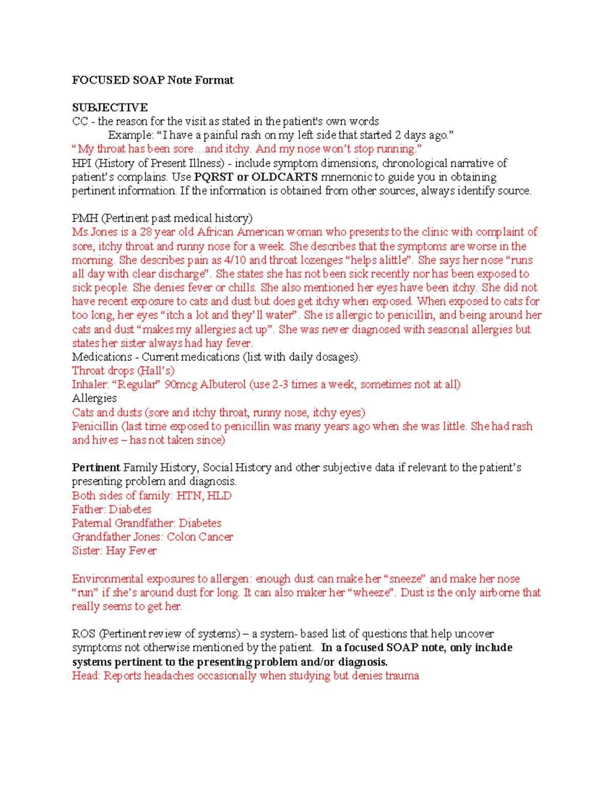 Focused SOAP Note Format: Ms. Jones' Allergic Reaction (NUR 101) - Studocu