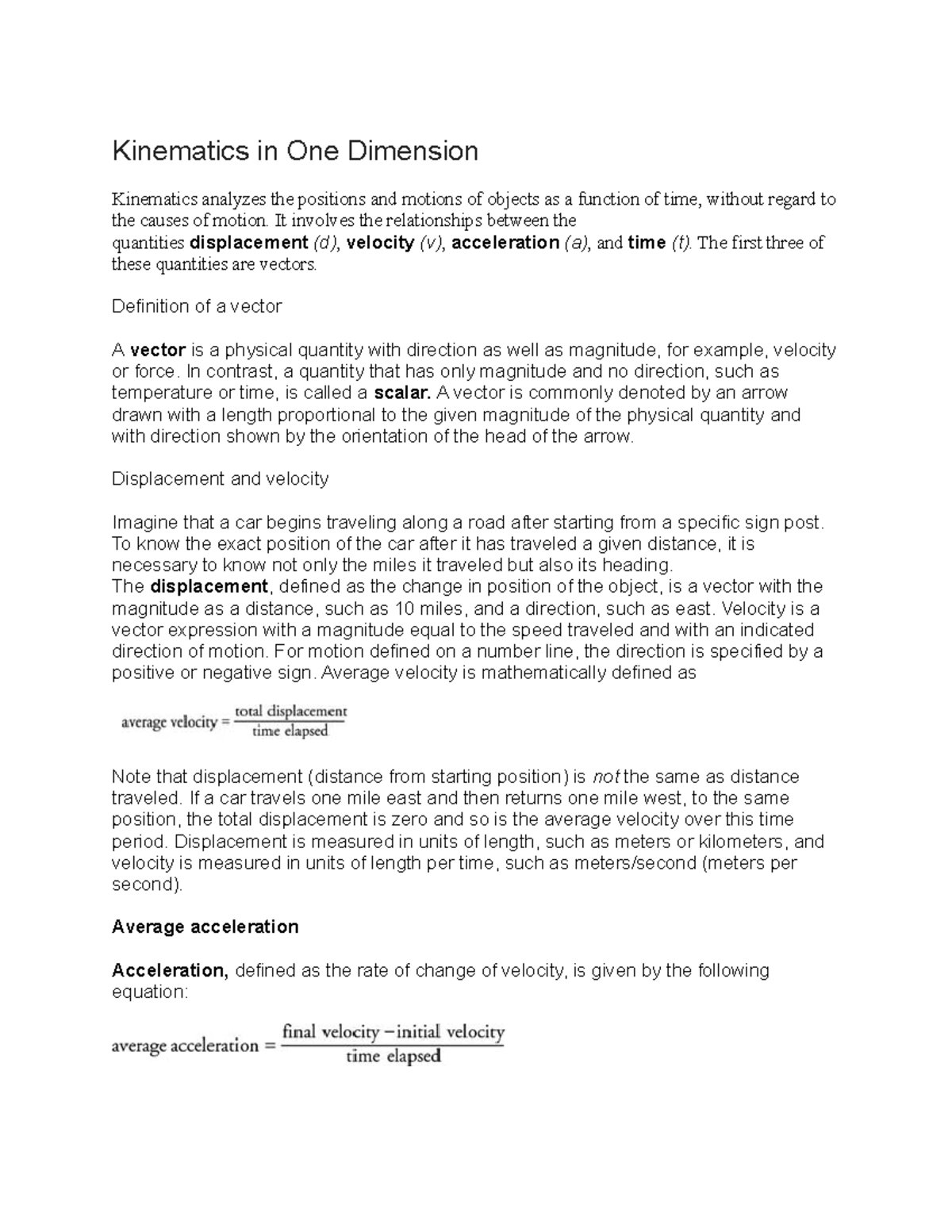 Physics - notes - Kinematics in One Dimension Kinematics analyzes the ...
