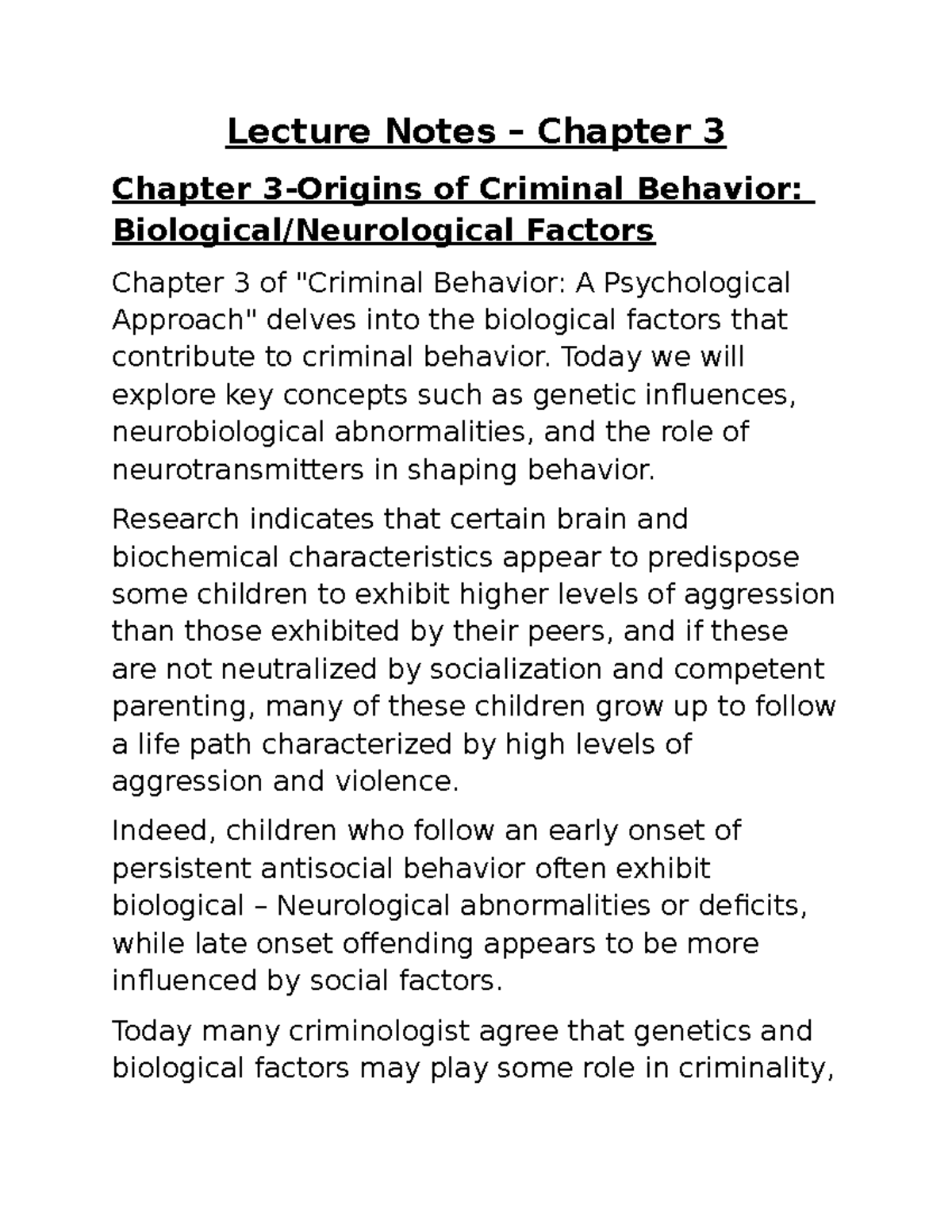 Lecture Notes: Chapter 3 - Biological Factors in Criminal Behavior ...