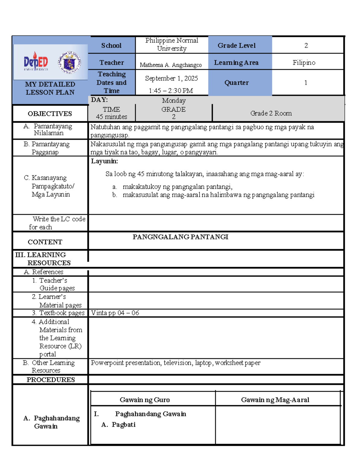 Detailed Lesson Plan on Pangngalang Pantangi for Grade 2 (Filipino ...