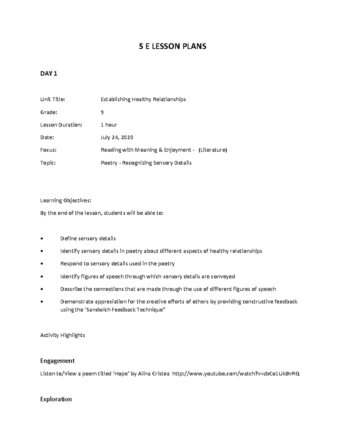 5E Lesson Plans Grade 9: Establishing Healthy Relationships - Studocu
