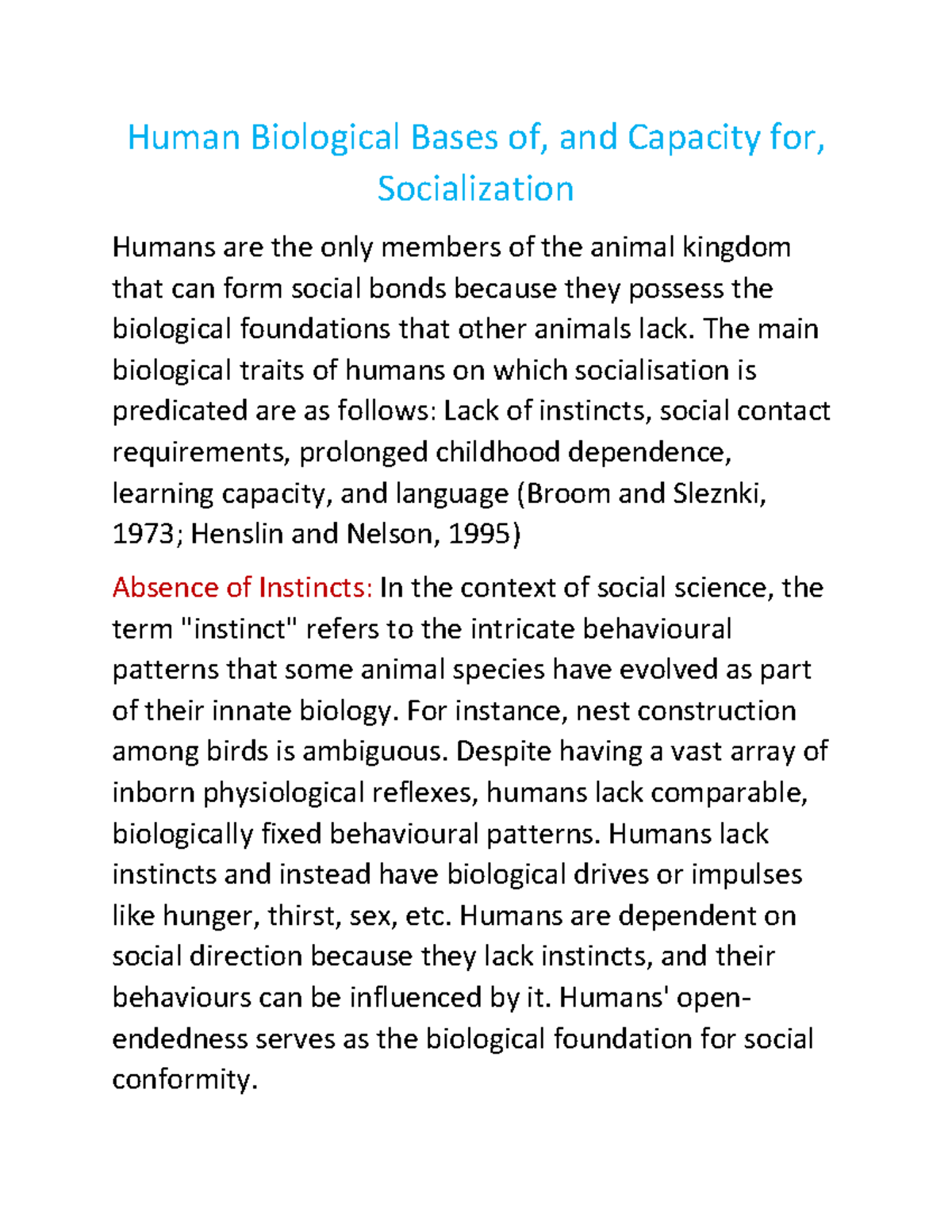 Human Biological Bases for Socialization & Learning Mechanisms - Studocu