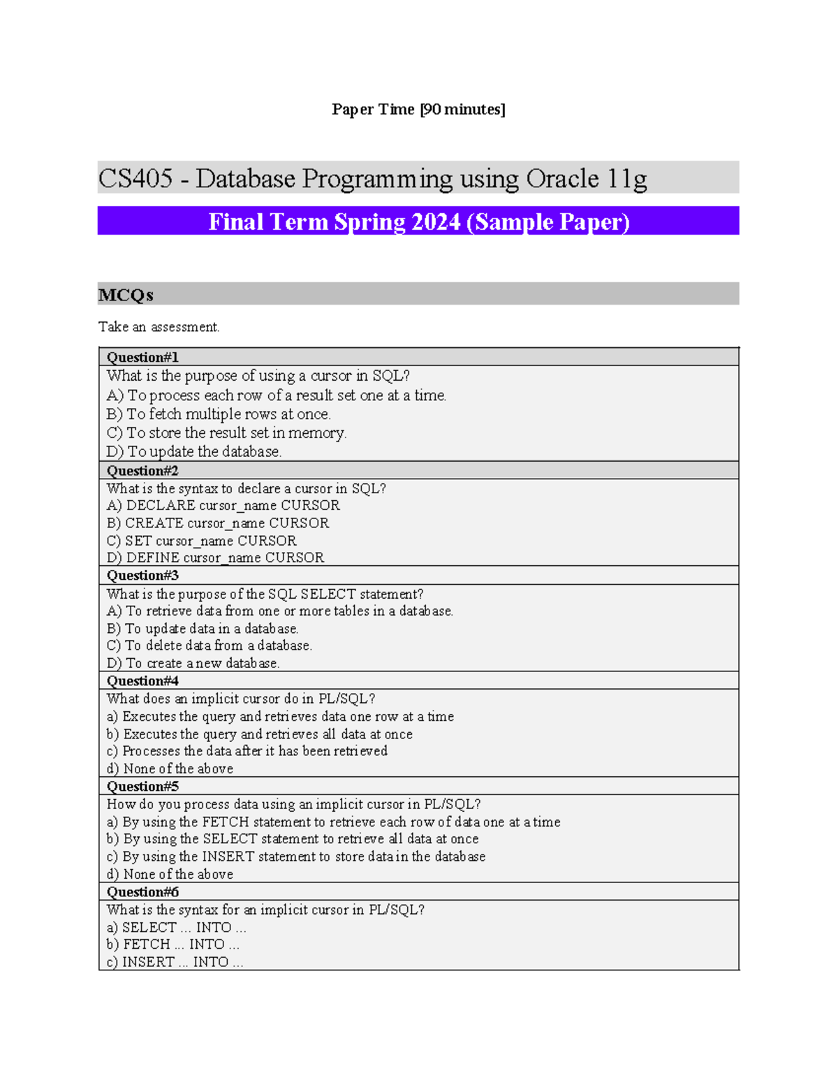 Final Exam Sample Paper CS405 Database Programming with Oracle 11g ...