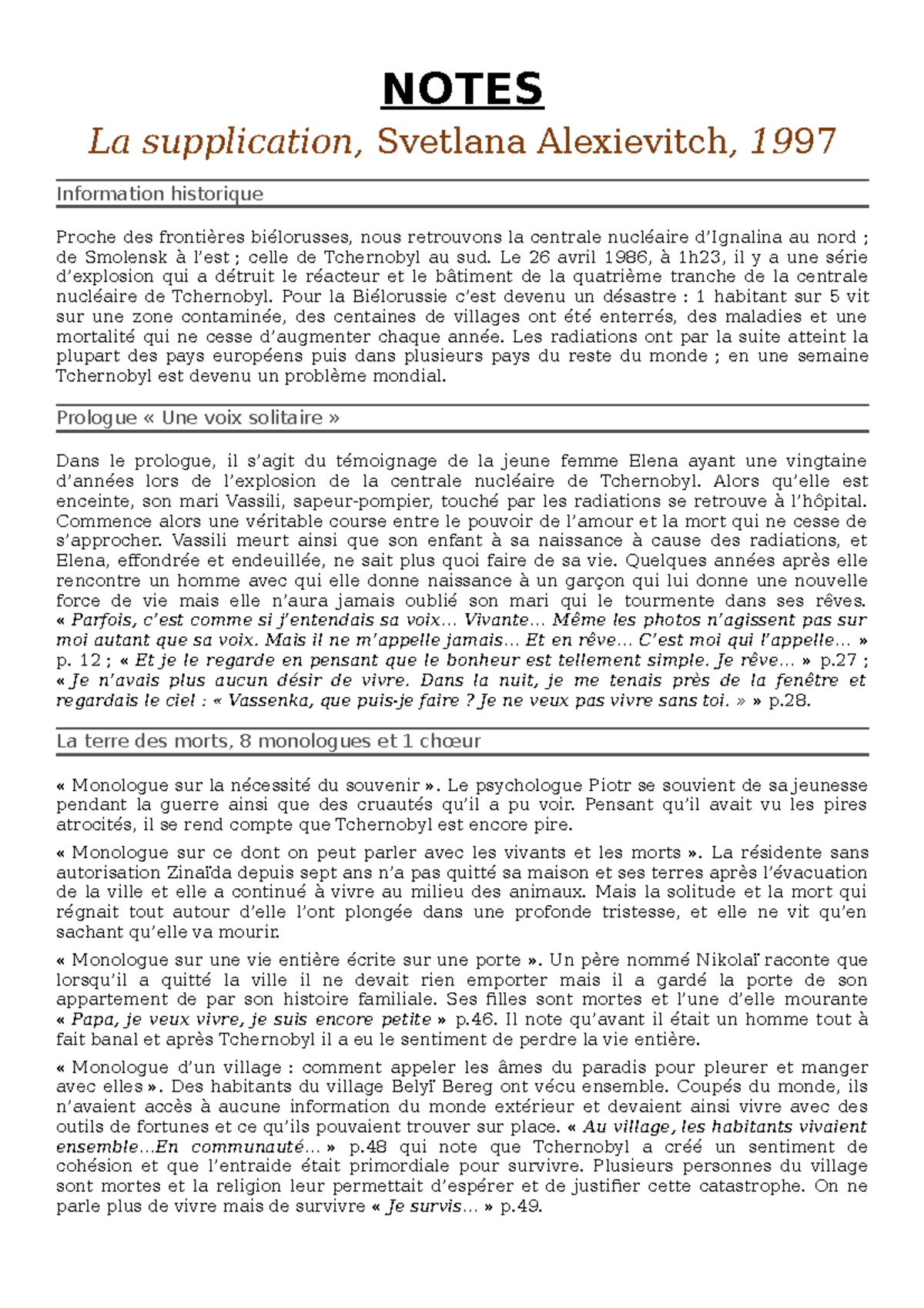 Résumé La supplication - NOTES La supplication, Svetlana Alexievitch ...