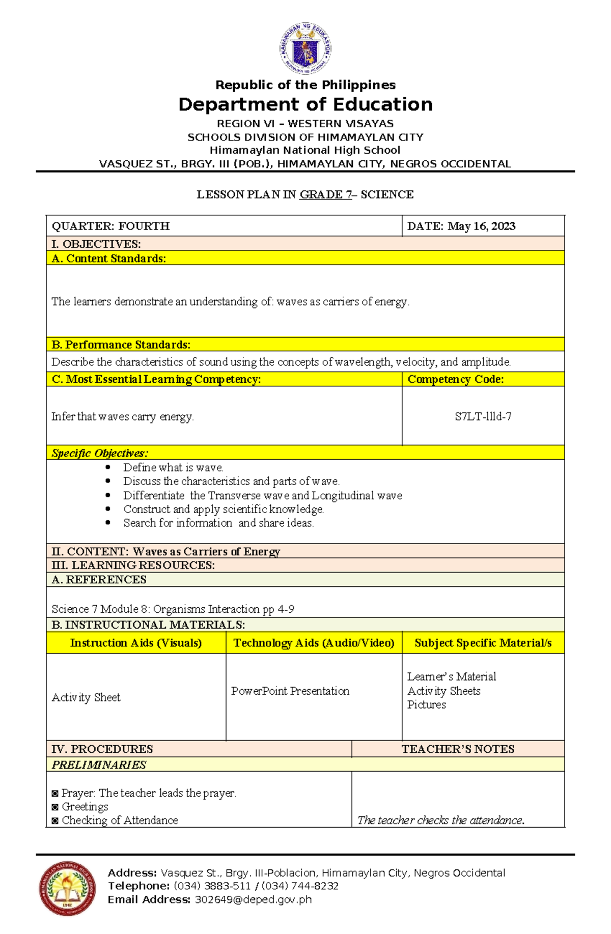 7 Es LP DEMO: Semi-Detailed Lesson Plan on Waves in Grade 7 Science ...
