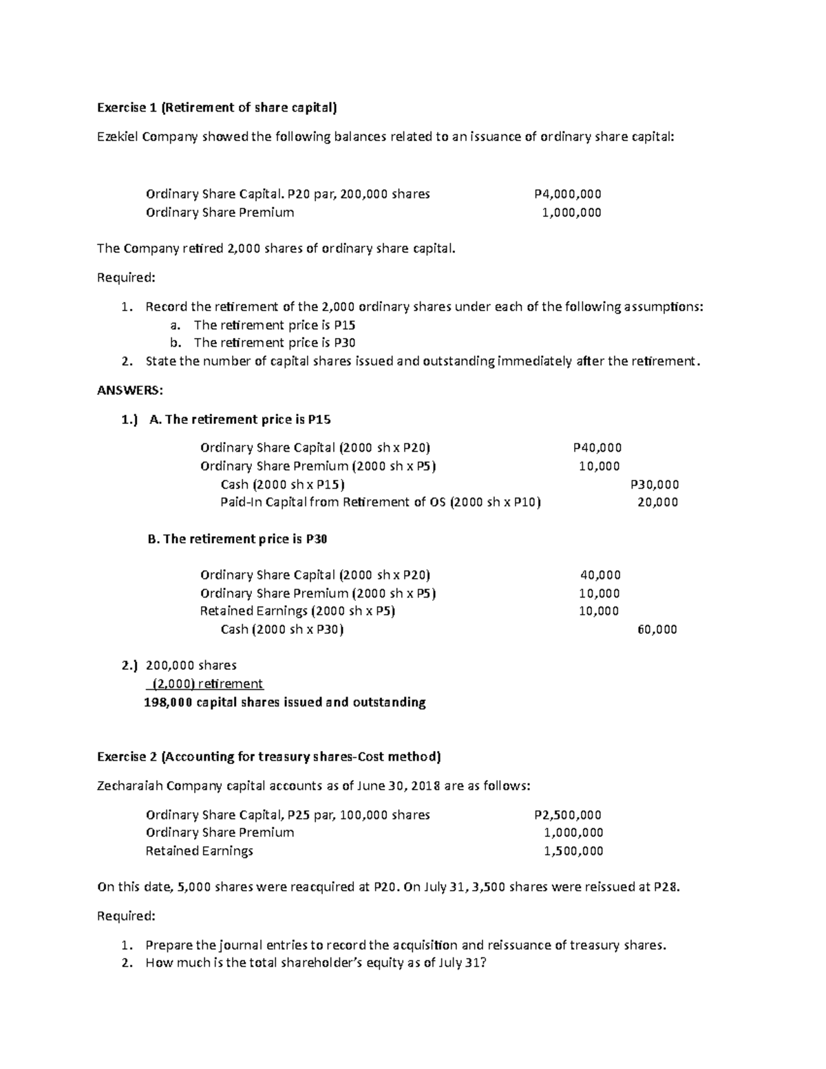 ACCT 201: Sample Practice Exam on Share Capital & Treasury Shares - Studocu