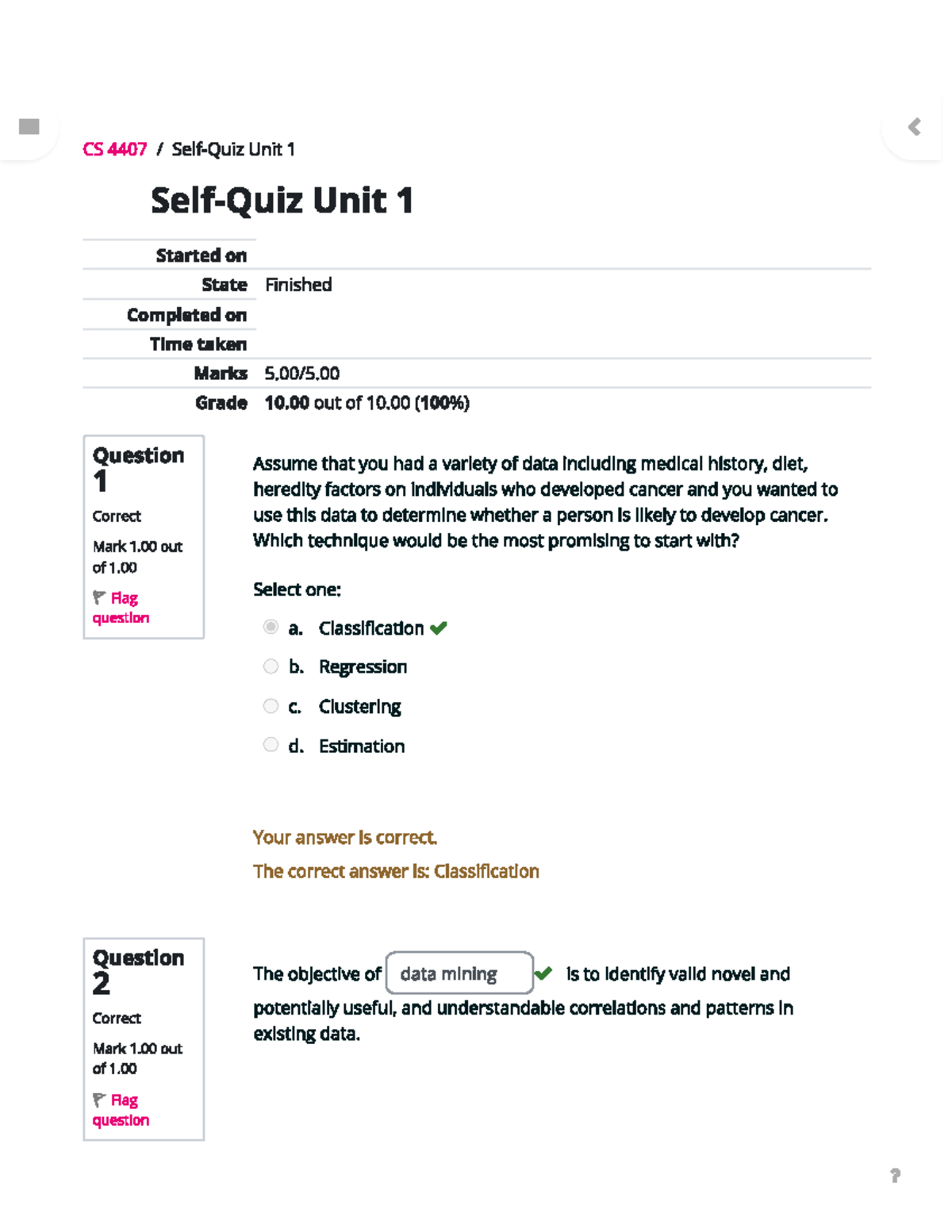 The quizzler 1 attempt 3 - CS 4407 Unit 1 Unit 1 Started on State Finished Completed on Time ...