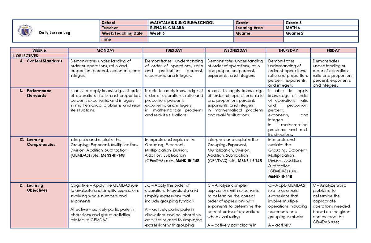 Math 6 DLL Week 6 Quarter 2: Understanding the GEMDAS Rule - Studocu