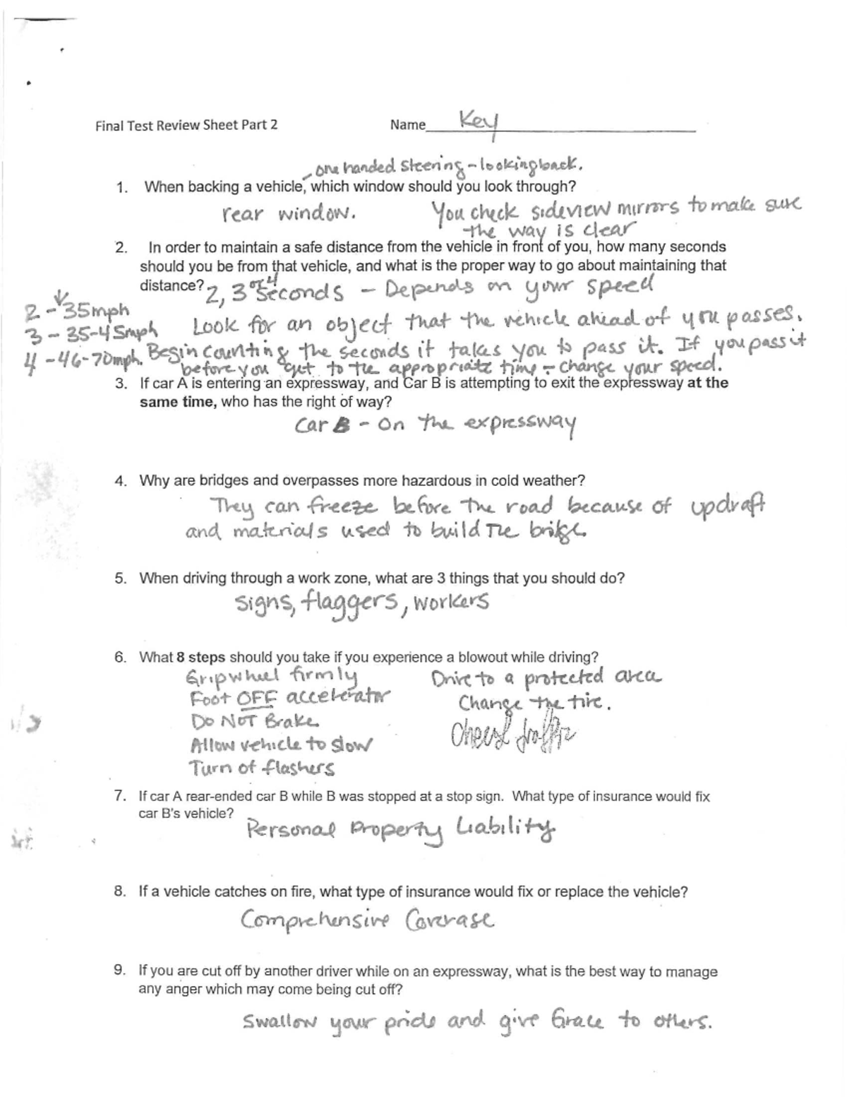 Driver Ed Final Test Review Sheet Part 2: Key Concepts and Tips - Studocu