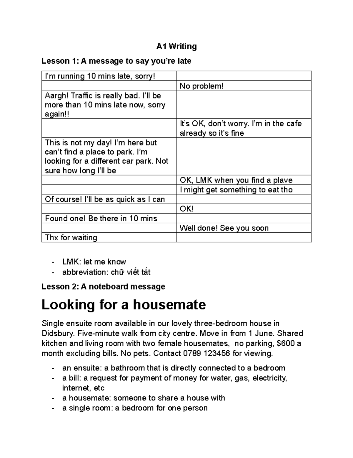 A1 Writing - A1 Writing Lesson 1: A message to say you’re late I’m ...