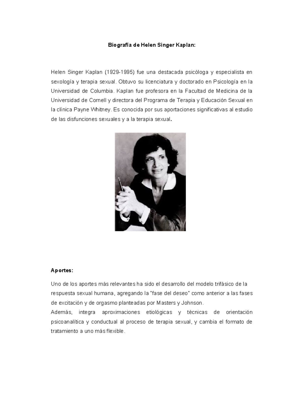 Helen Singer Kaplan: Innovaciones en Terapia Sexual y Psicología - Studocu