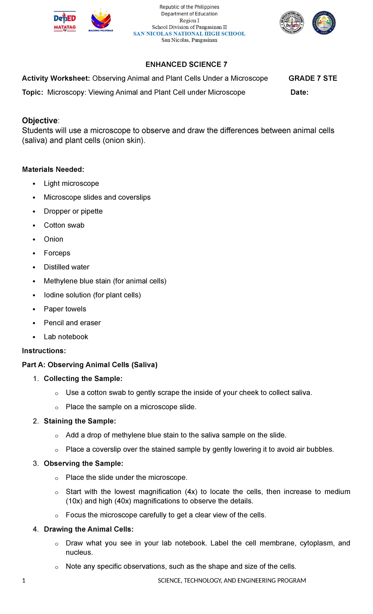 Microscopy Lab Worksheet: Observing Animal & Plant Cells - STE 7 - Studocu