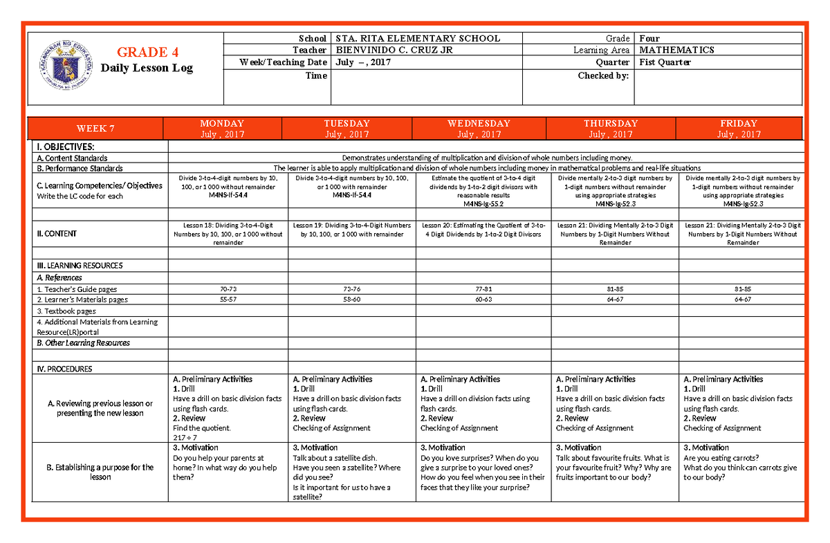 Grade 4 Daily Lesson Log (DLL) - Quarter 1, Week 7 - Studocu
