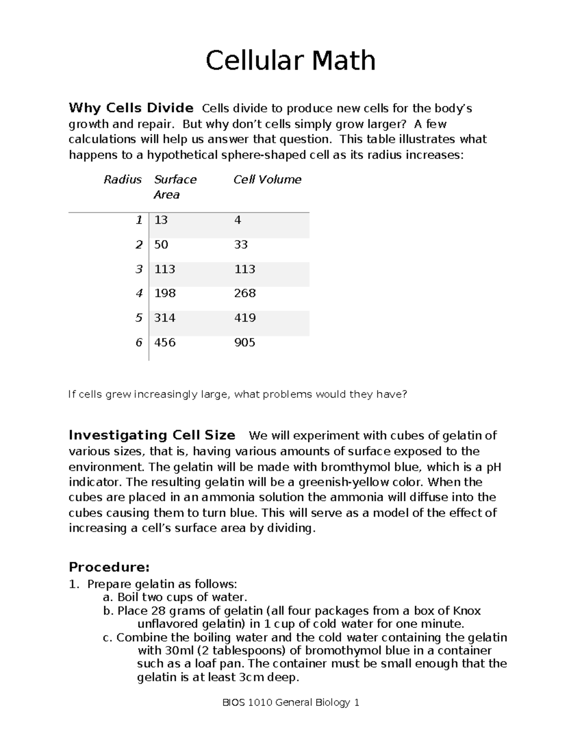 BIOS 1010 Module 1 Lab 2: Exploring Cellular Math Concepts - Studocu