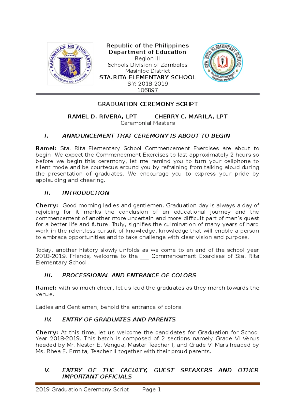 Emcee Script FOR Moving UP OR Graduation - MC SCRIPT (Completion/Moving ...